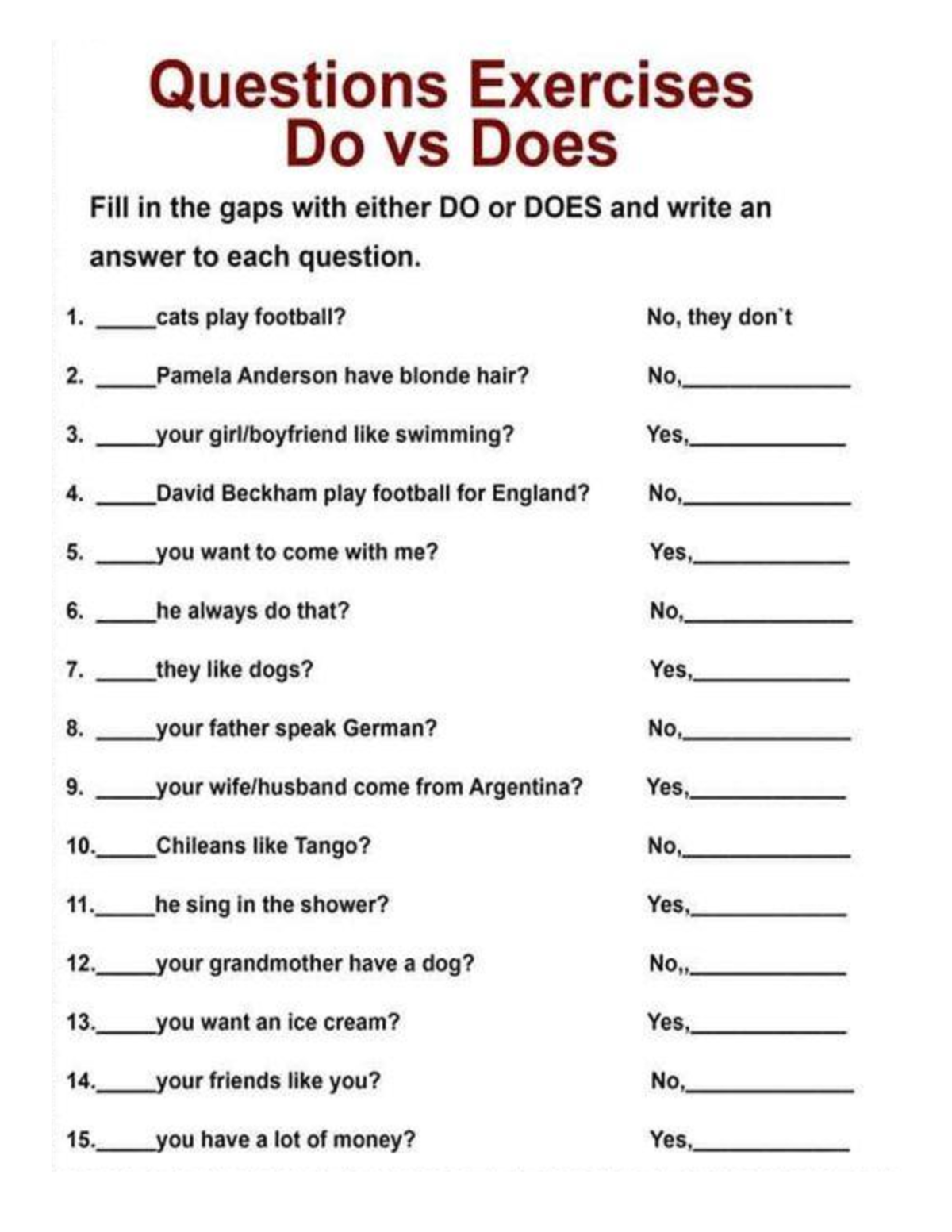 ingles do/ does, don´t/doesn´t, present simple - Questions Exercises Do ...