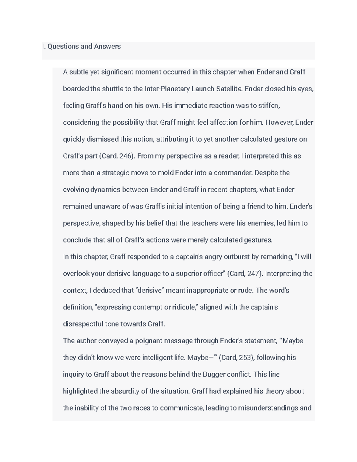 Qa ender's game 13 - summer reading assignment - I. Questions and ...