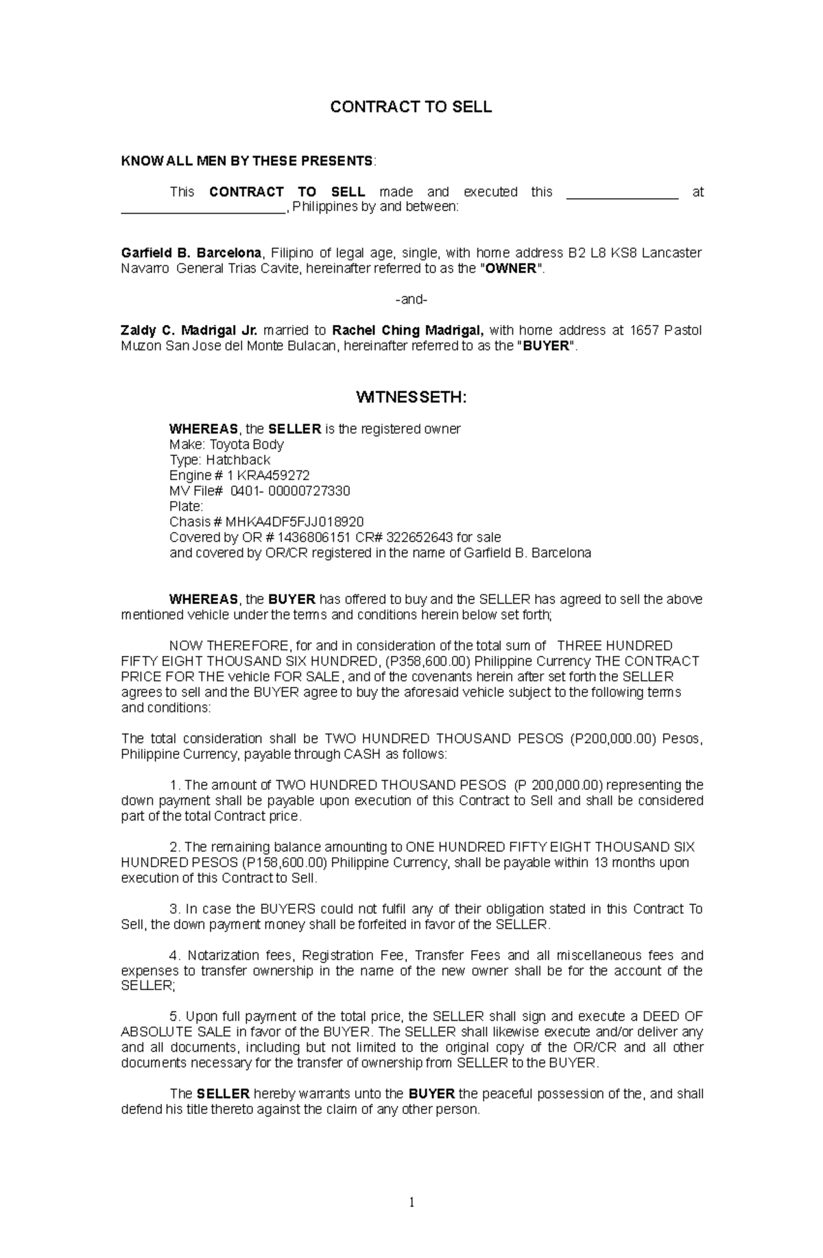 Contract-TO-SELL - Gas - CONTRACT TO SELL KNOW ALL MEN BY THESE ...