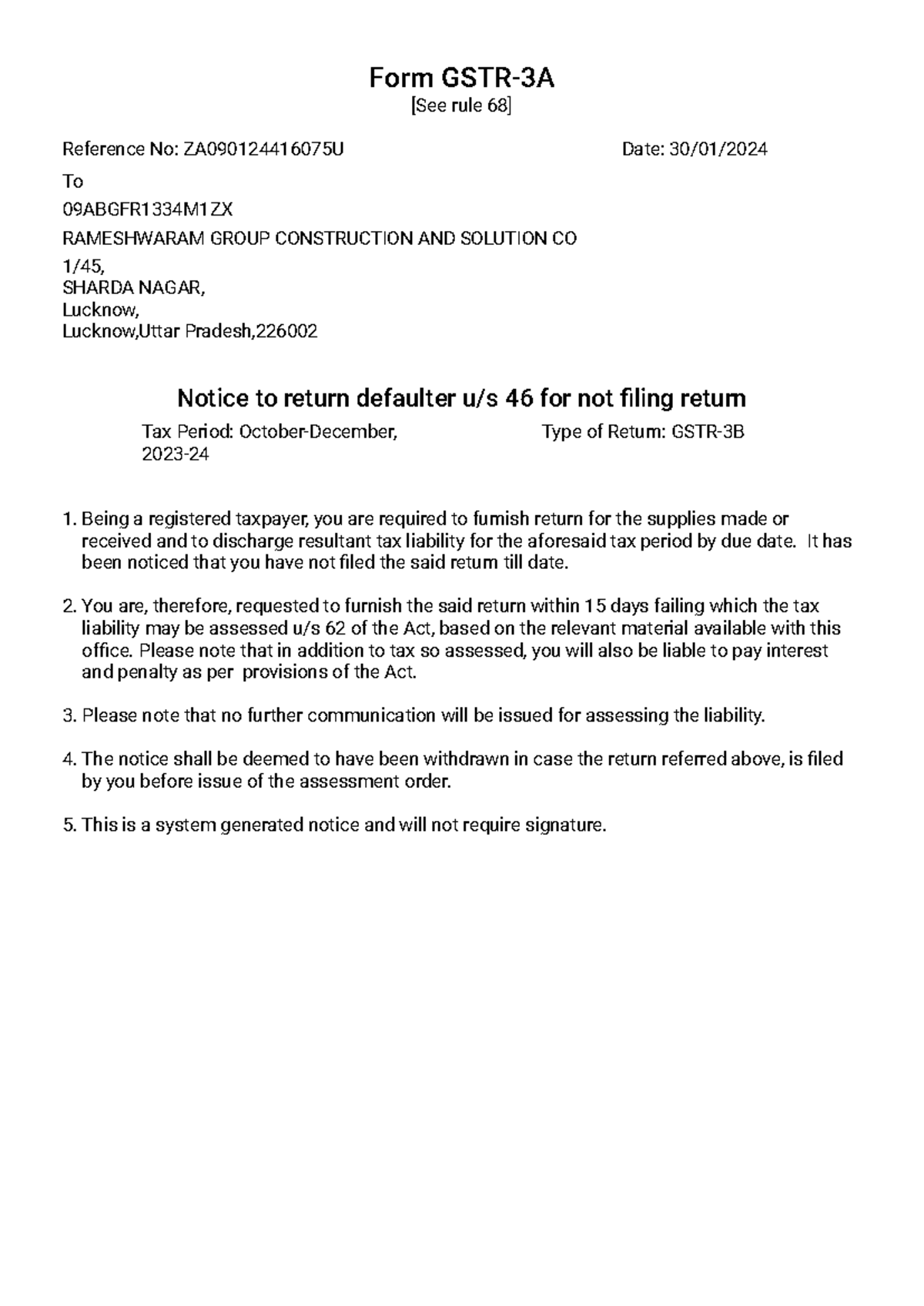 GSTR3A ZA090124416075 U - Form GSTR-3A [See rule 68] Reference No ...