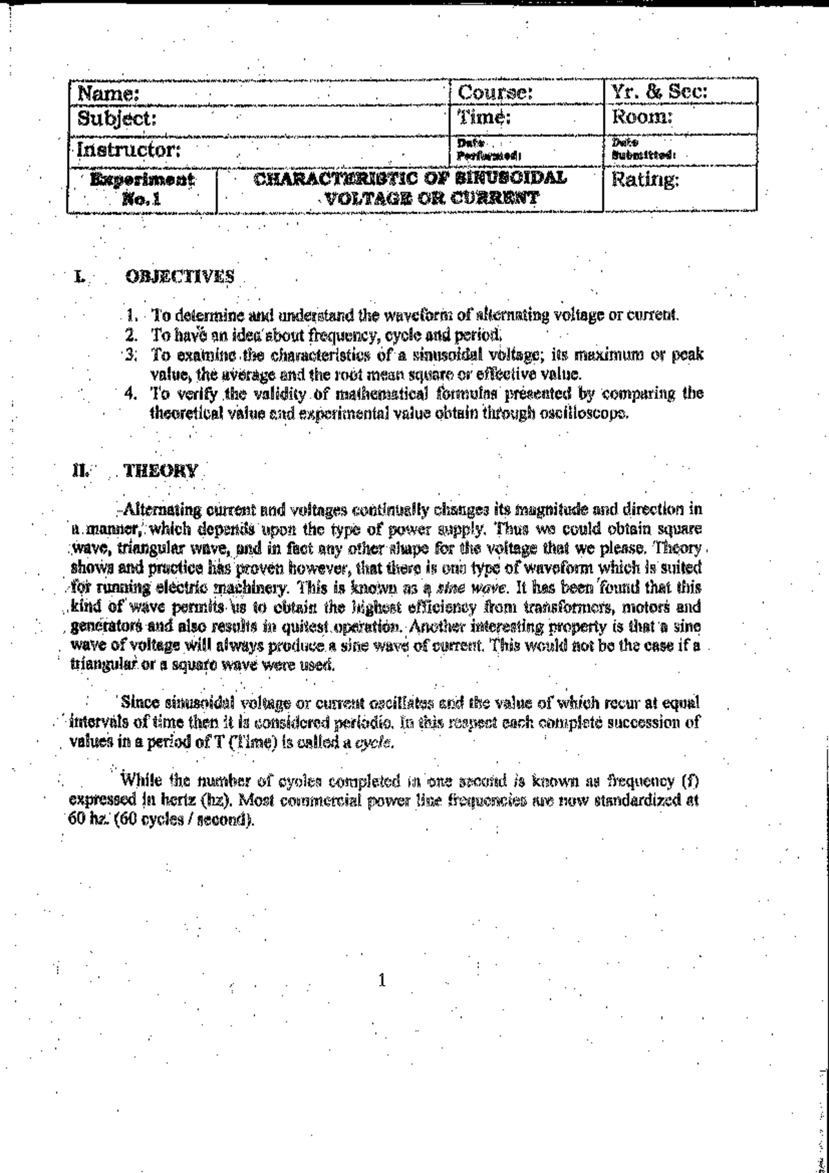 Experiment No. 1 - Laboratory No. 1 - Bachelor of science in ...