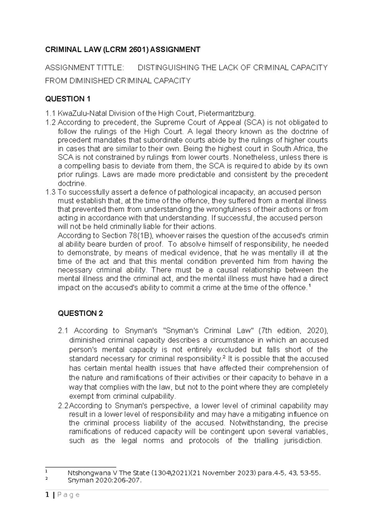 Criminal LAW (LCRM 2601) Assignment 1 - CRIMINAL LAW (LCRM 2601 ...