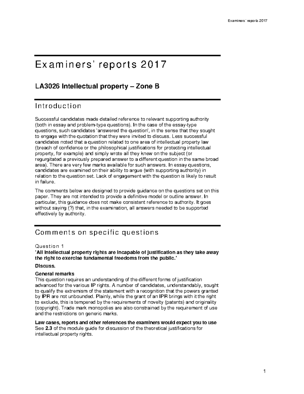 IP LA3026 Exam Paper Report 2017 ZB - Examiners’ reports 2017 Ex a m ...