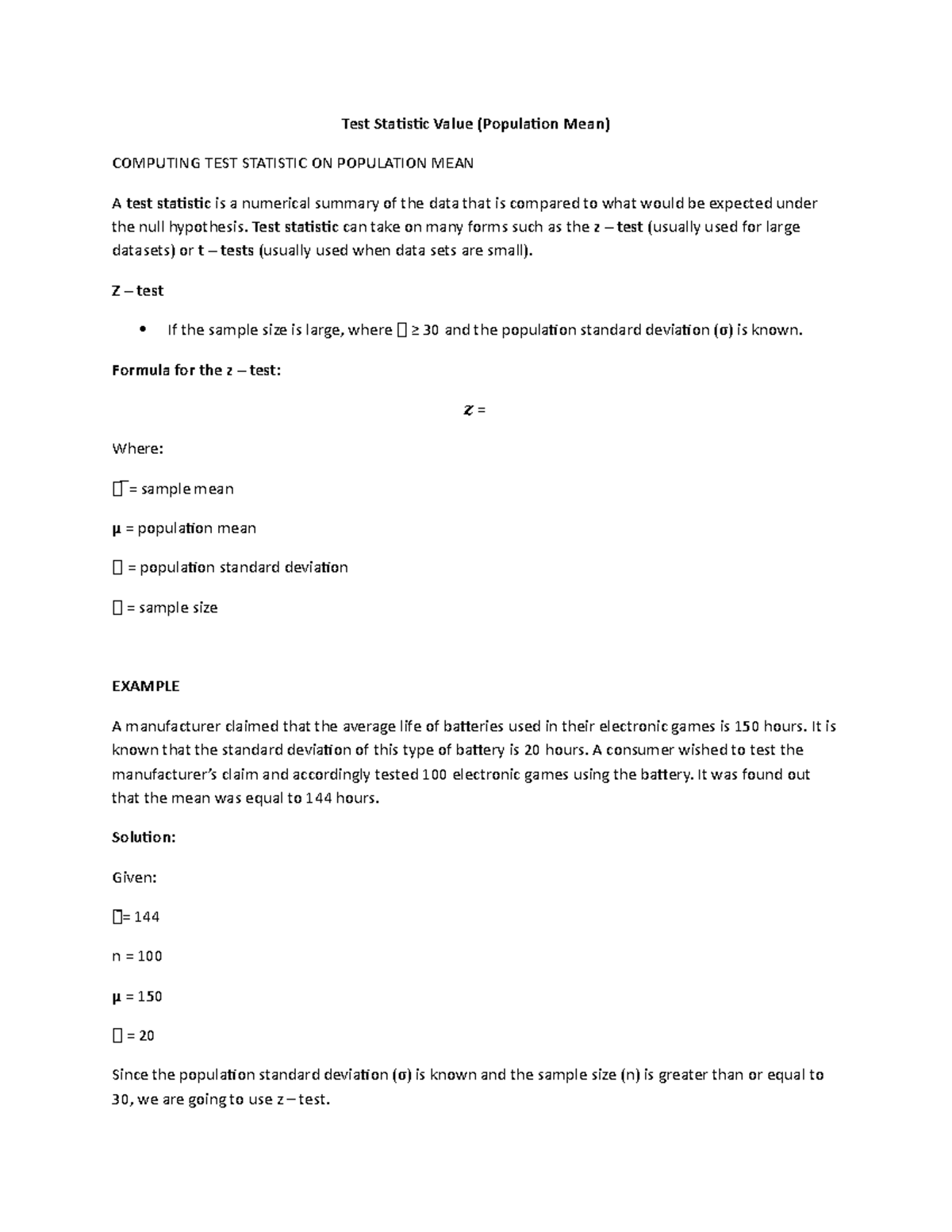 Test Statistic Value - Notes - Test Statistic Value (Population Mean ...