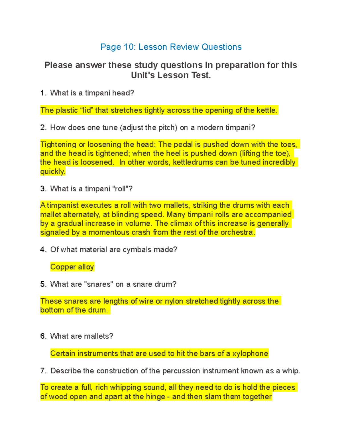 Unit 1- Lesson 3D- Precussion Instruments - Page 10: Lesson Review ...