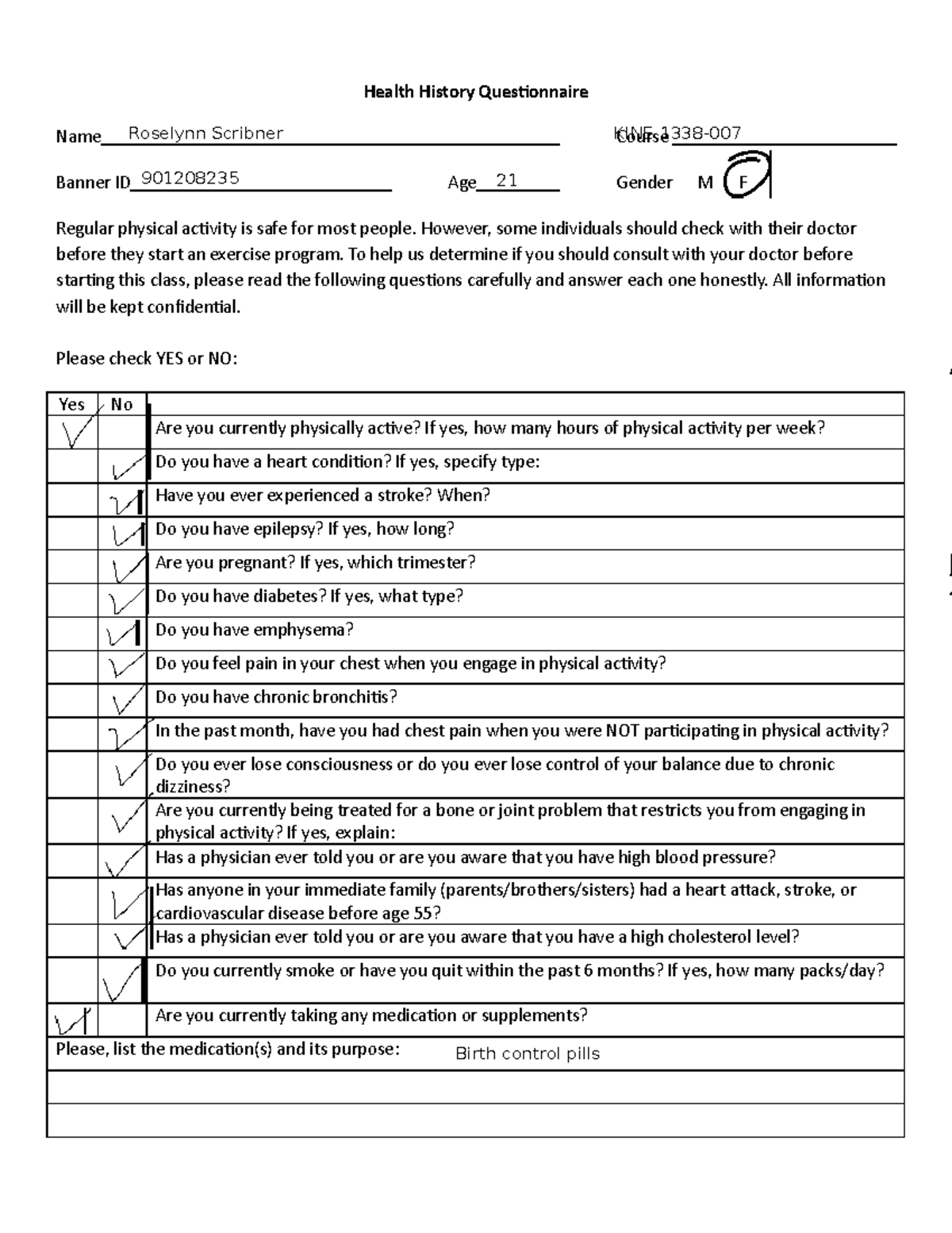 CPF - HHQ - n/a - Health History Questionnaire Name Course Banner ID ...