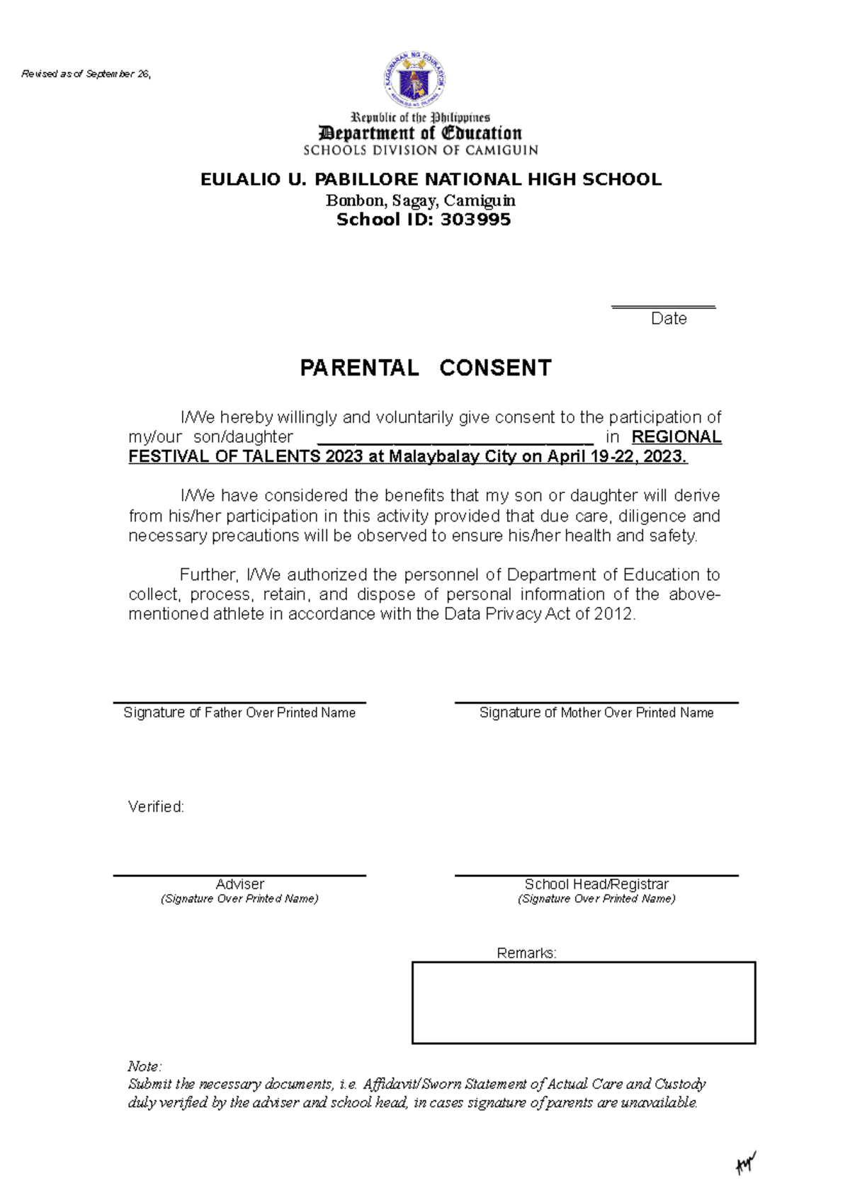 2020 Parents-Consent - NONE - EULALIO U. PABILLORE NATIONAL HIGH SCHOOL ...