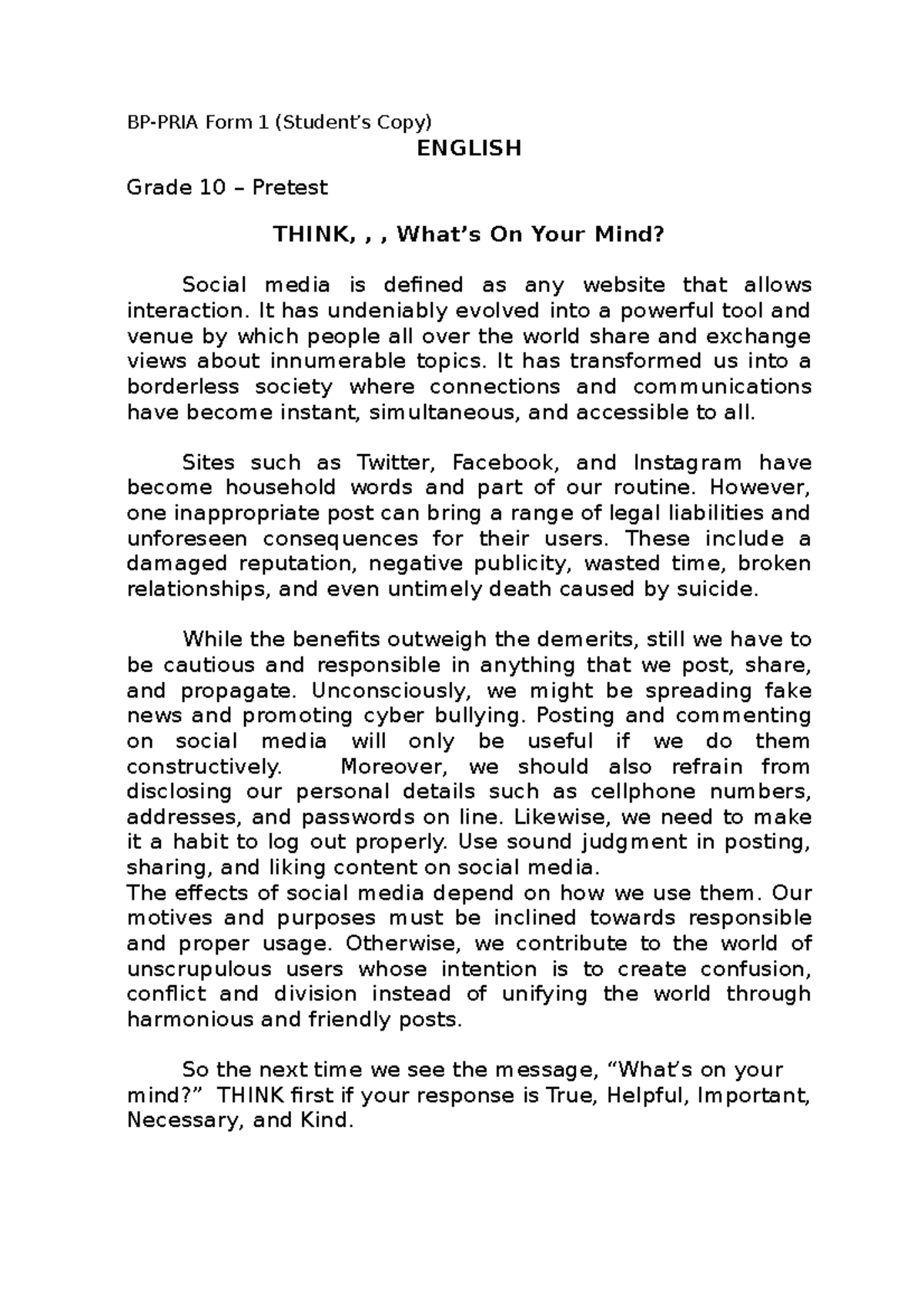 BP Grade 10 English Pre - LEARNING MATERIAL IN READING - BP-PRIA Form 1 ...