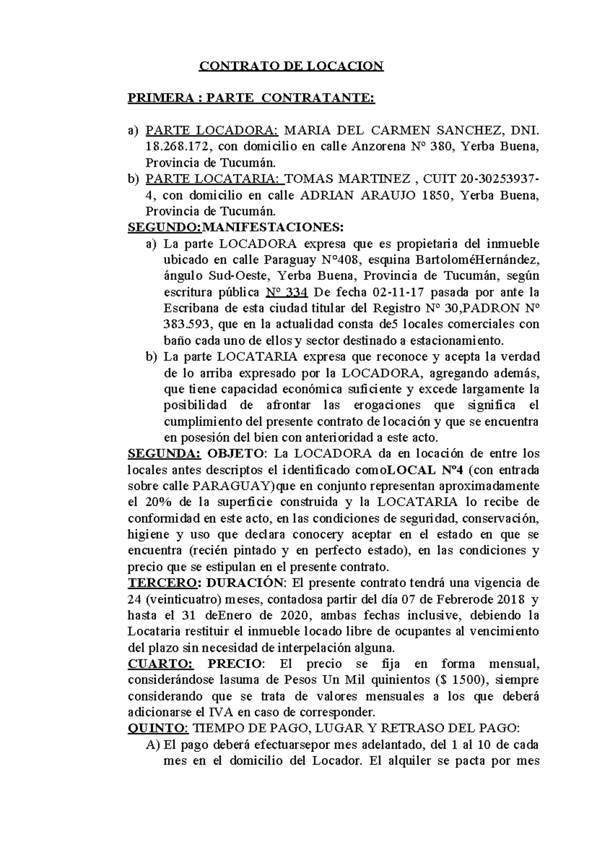 Contrato Locacion Local - CONTRATO DE LOCACION PRIMERA : PARTE ...