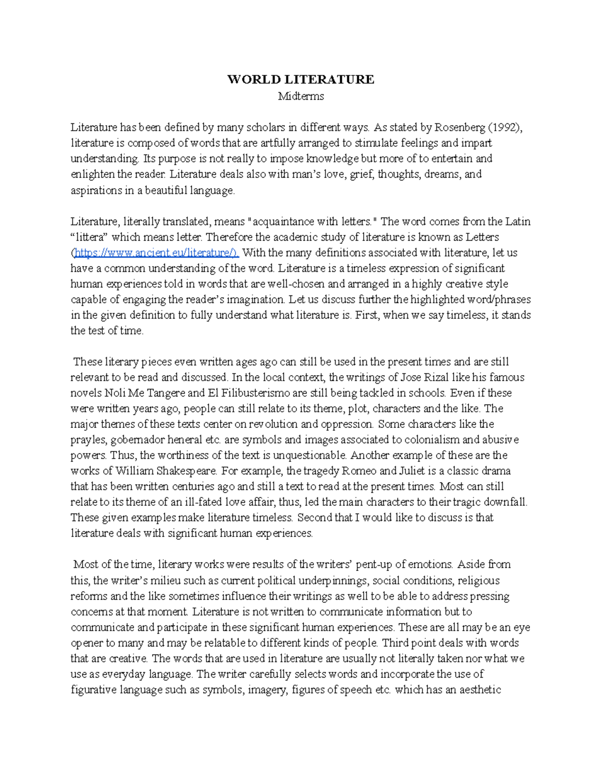 G-LIT - World literature notes - WORLD LITERATURE Midterms Literature ...