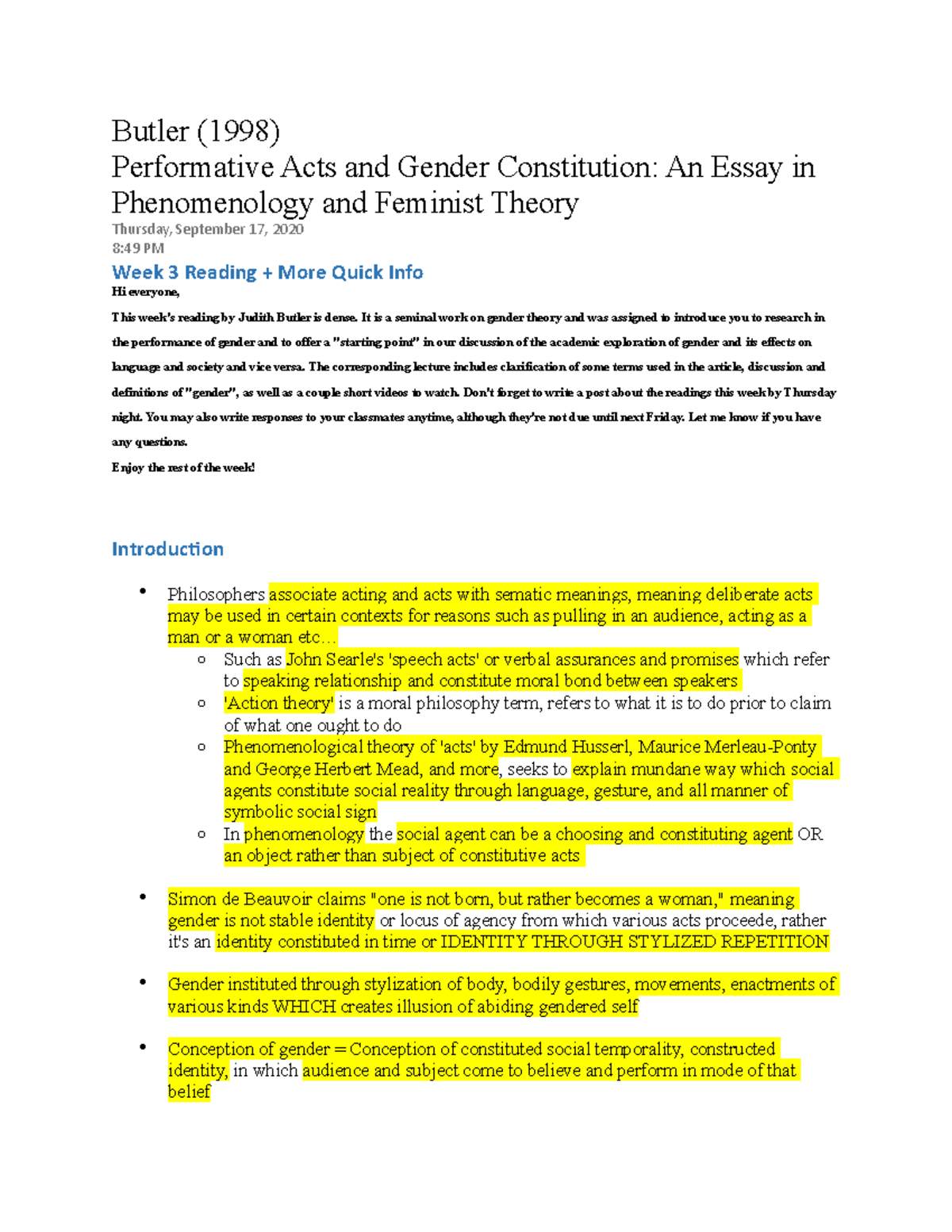 Butler (1998) - Notes and Summaries of Weekly Required Readings From ...