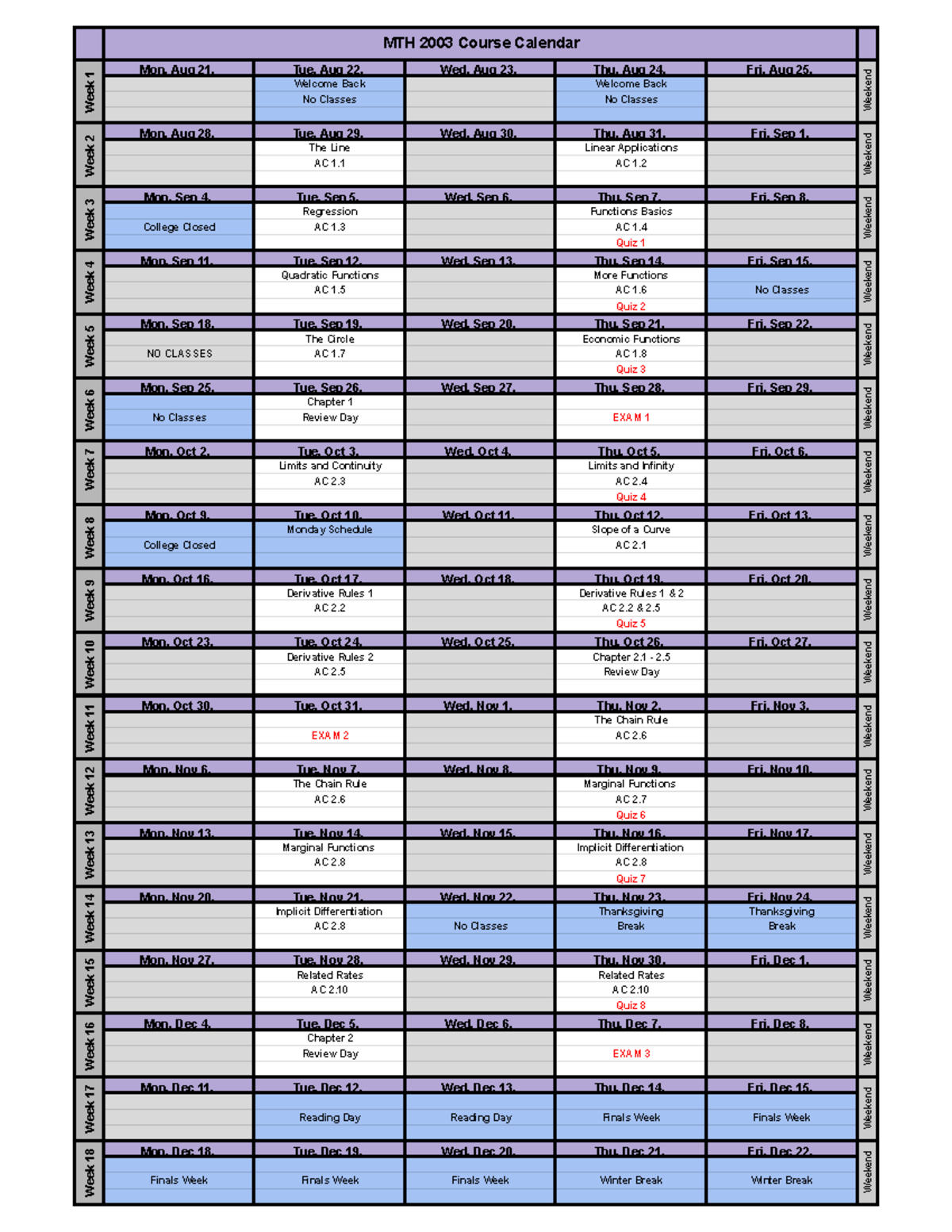 MTH 2003 TR Course Calendar - MTH 2003 Course Calendar Week 1 Week 2 ...