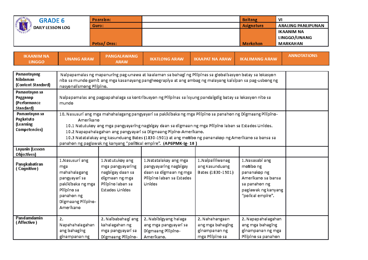 A.P 6 WEEK 6 Quarter 1 - LESSON LOG - GRADE 6 DAILY LESSON LOG Paaralan ...