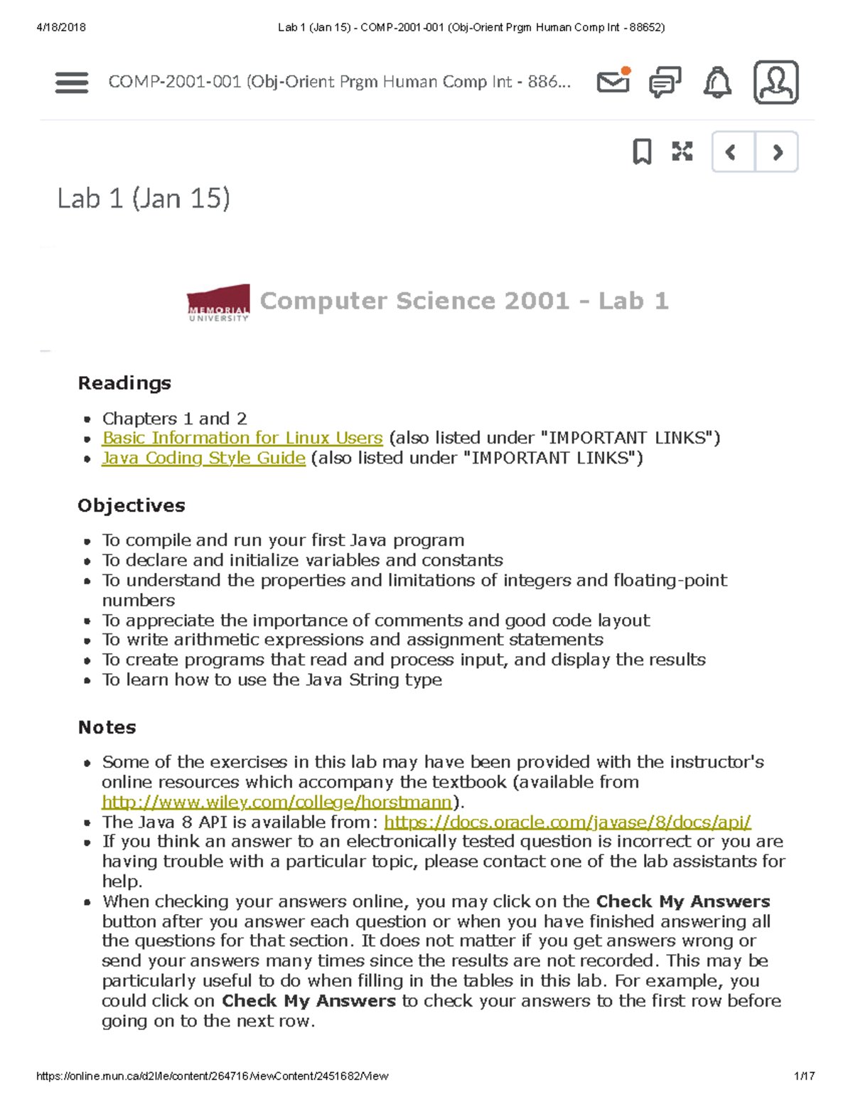 Lab 1 (Jan 15) - COMP-2001-001 (Obj-Orient Prgm Human Comp Int - 88652 ...