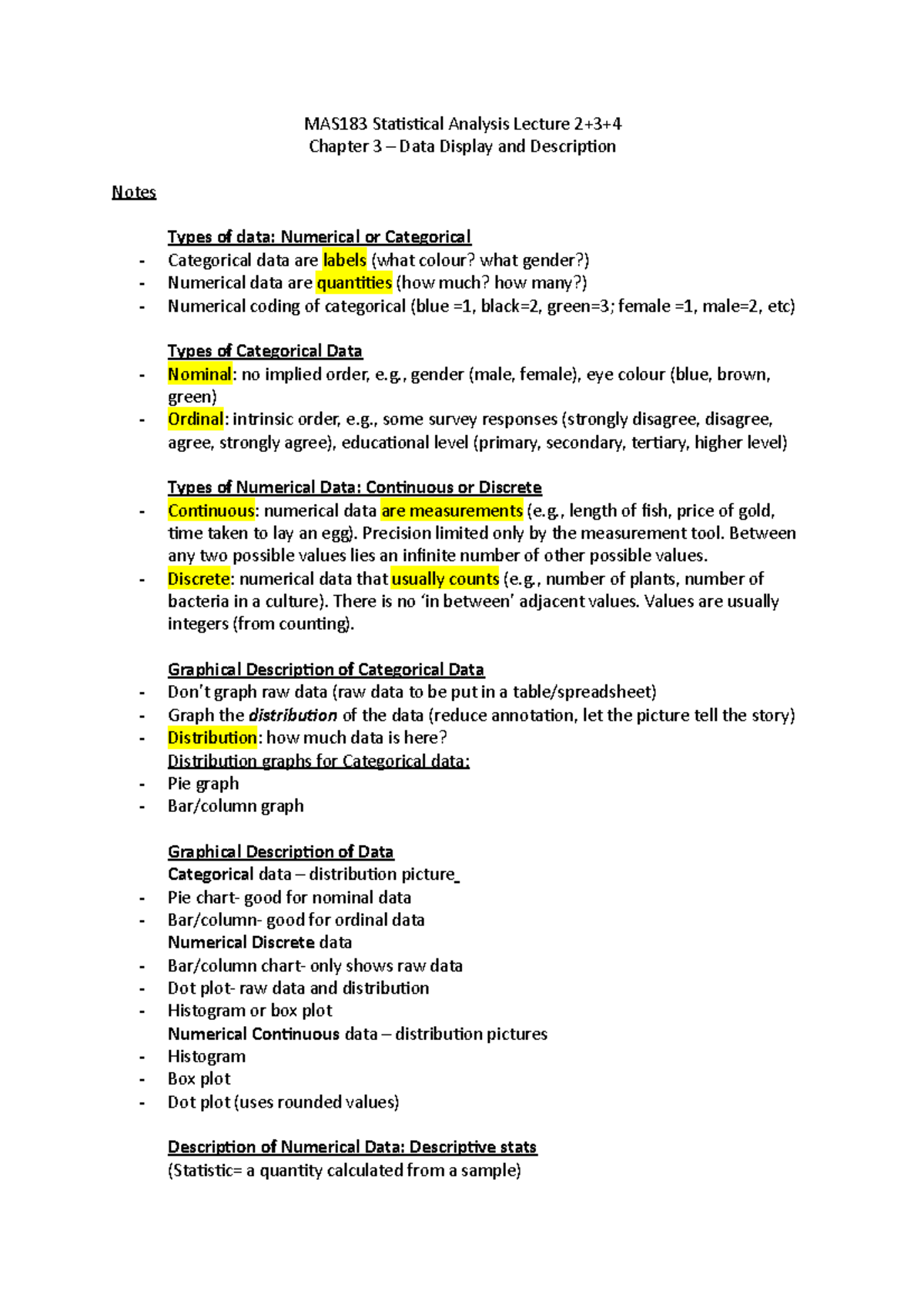 MAS183 Statistical Analysis Lecture 2,3,4 - , gender (male, female ...