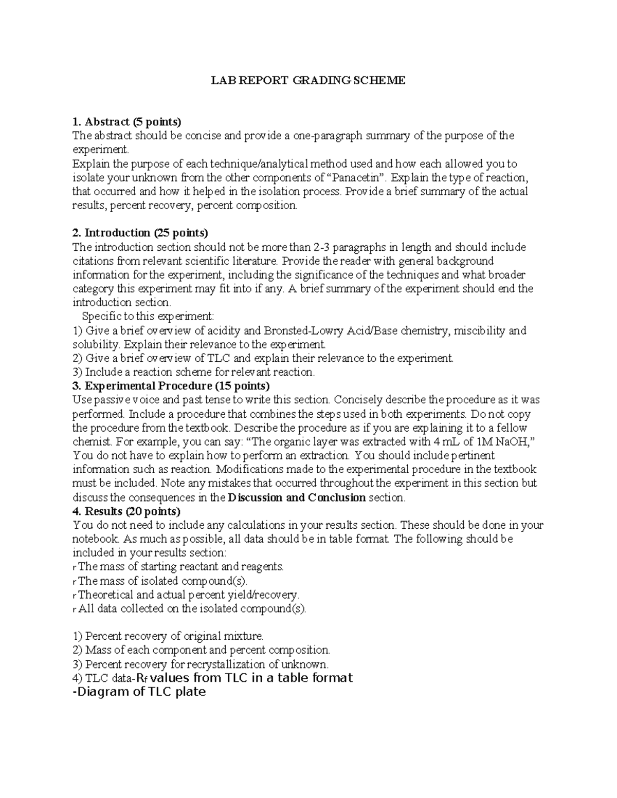 Lab Report Grading Scheme - LAB REPORT GRADING SCHEME 1. Abstract (5 points) The abstract should ...