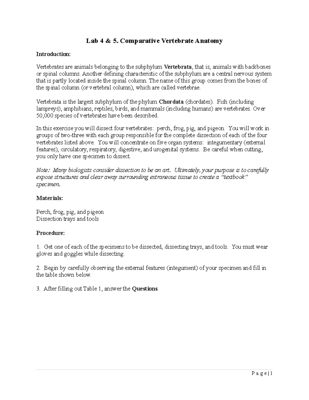 Vertebrate Lab Packet - Lab 4 & 5. Comparative Vertebrate Anatomy ...