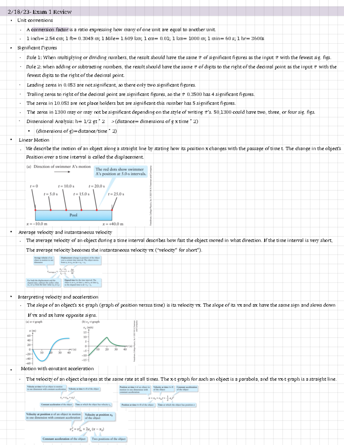 Lecture Notes Textbook - 2/18/23- Exam 1 Review Unit conversions A ...