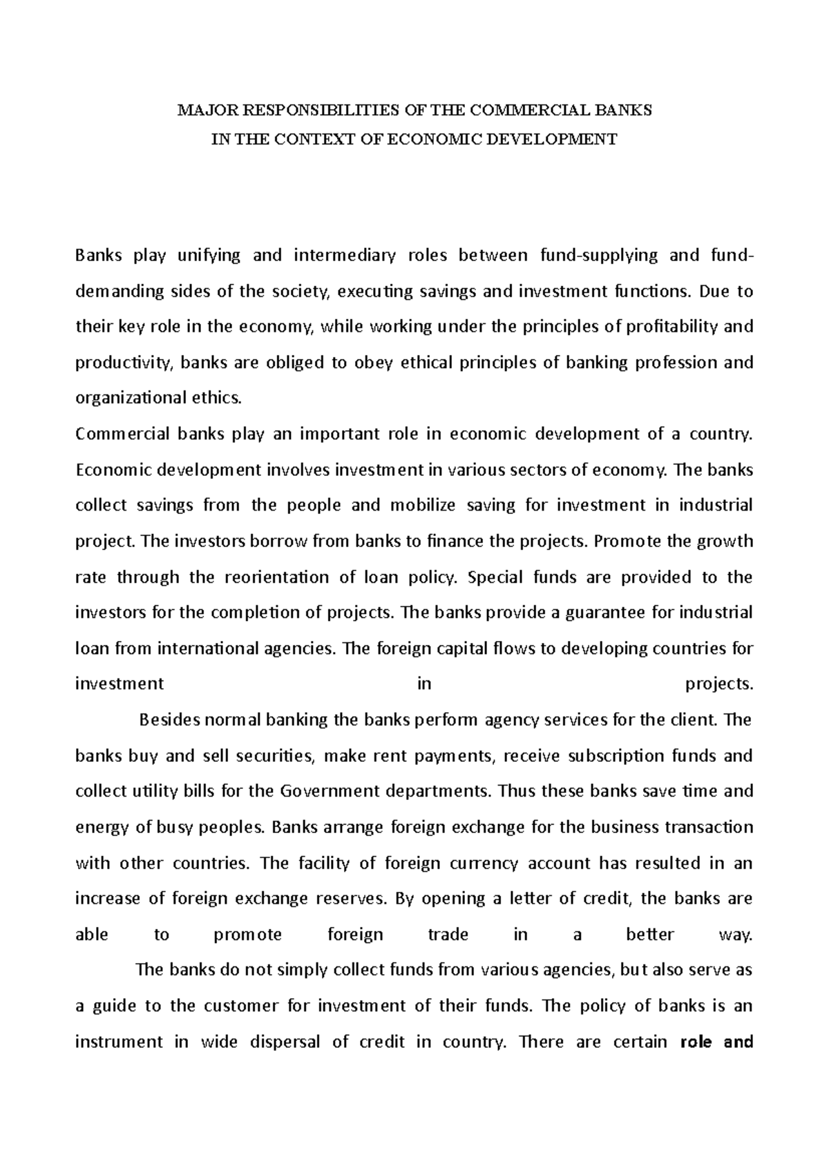 Banks AND Economic Development - MAJOR RESPONSIBILITIES OF THE ...