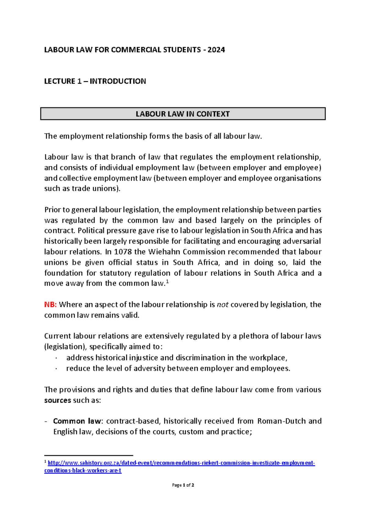 Labour LAW - Lecture 1 - 2024 - Page 1 of 2 LABOUR LAW FOR COMMERCIAL ...