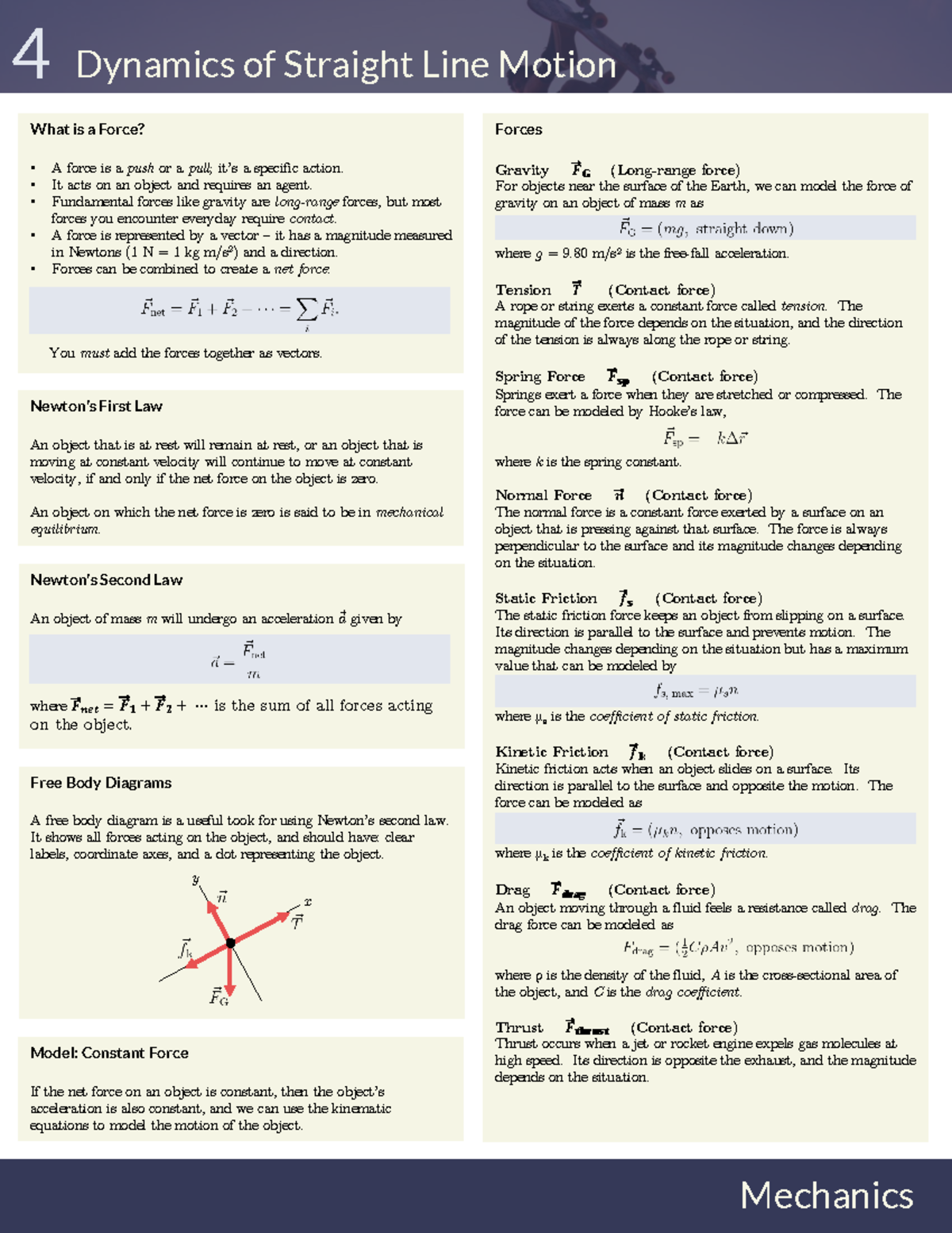 Summary Sheet - Dynamics of Straight Line Motion - Mechanics 4 Dynamics ...