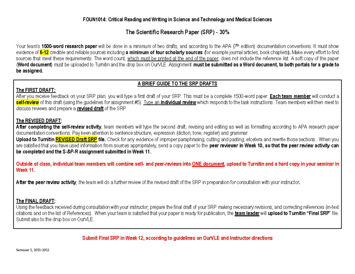 # 6 - Scientific Research Paper + Rubric - Semester 2, 2021-2022 2 - Semester 2, 2022- FOUN1014 ...