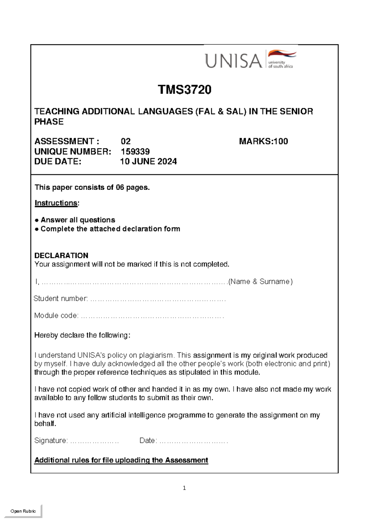 2024 TMS3720 Assessment 02 Corrected Assess 1 Question 1 1 Upload - TMS ...