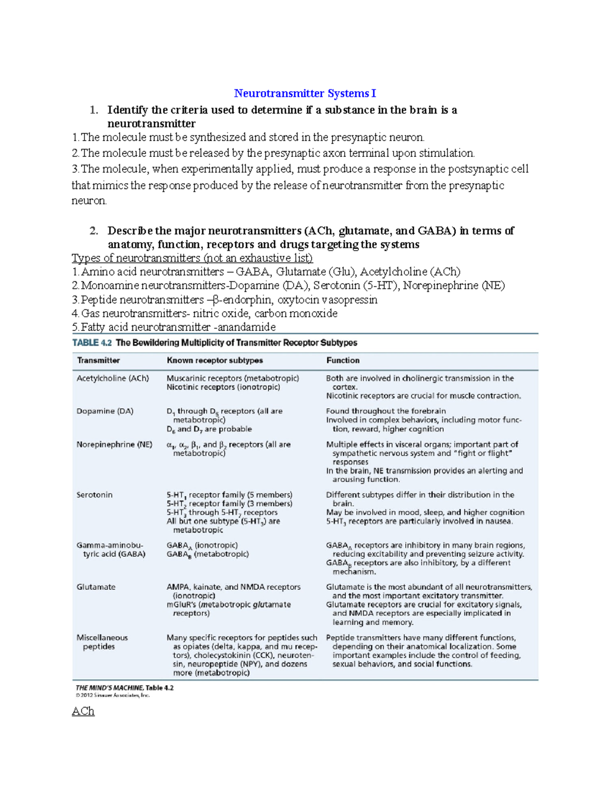 Neurotransmitter Systems I - Neurotransmitter Systems I Identify the ...