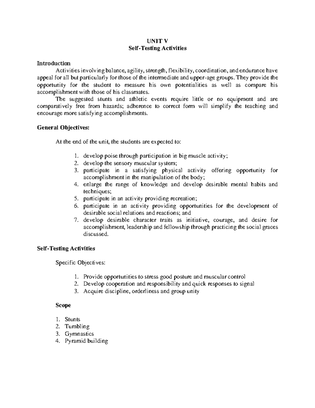 Module in Individual Stunts - UNIT V Self-Testing Activities ...