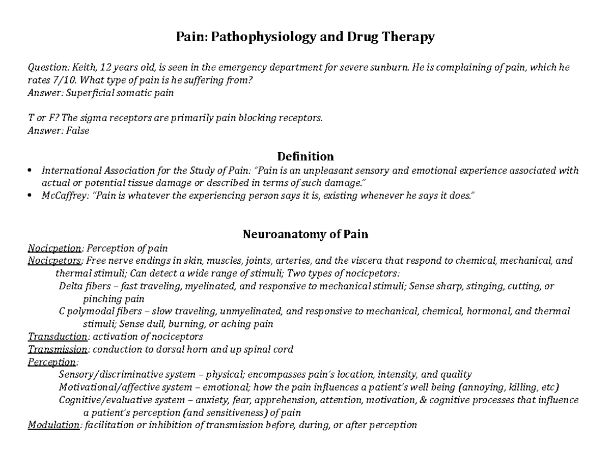 Pain Study Guide - notes on pain drugs - Pain: Pathophysiology and Drug ...