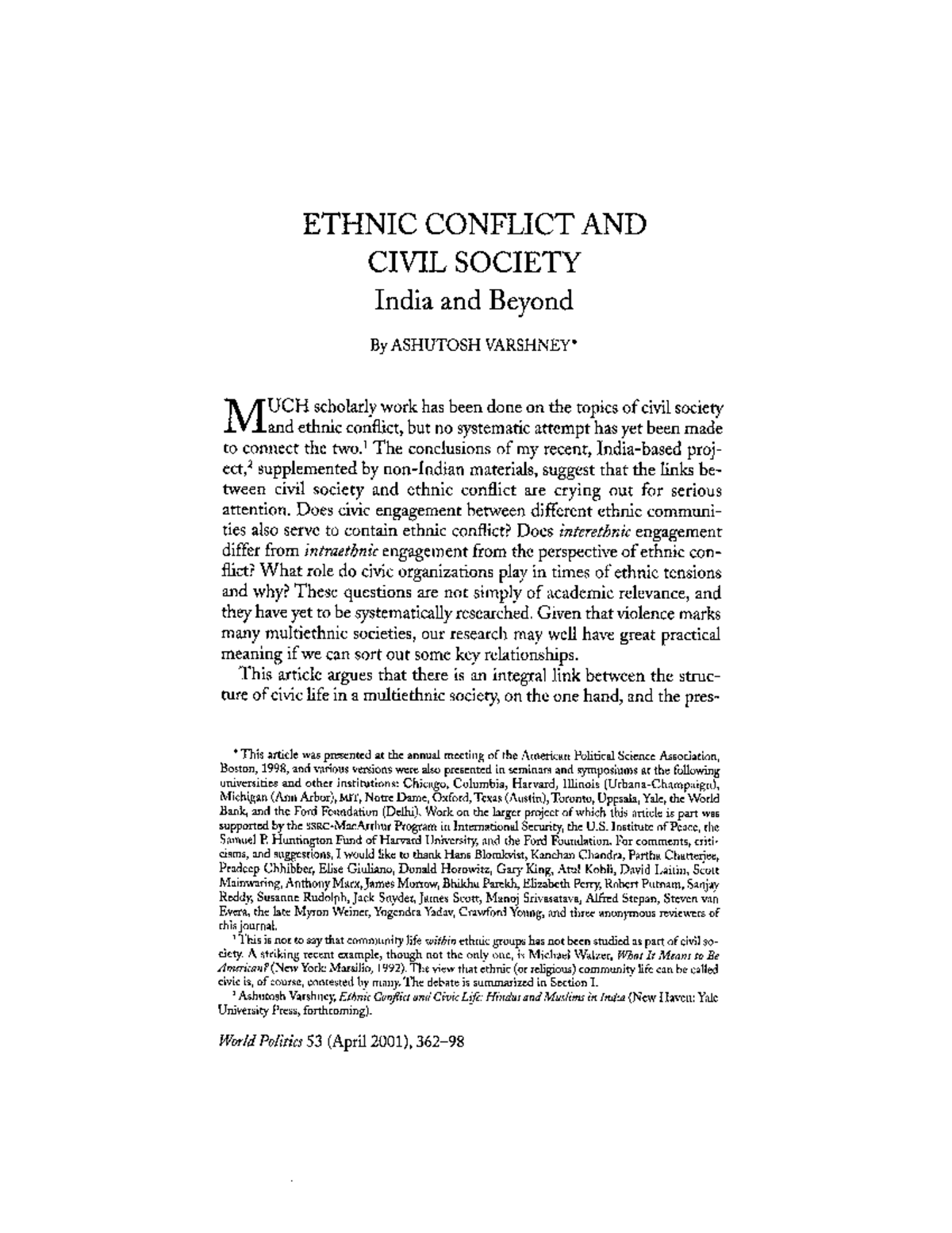 Ashutosh Varshney Ethnic Conflict and Civil Society(1) - POLI 109 - Studocu
