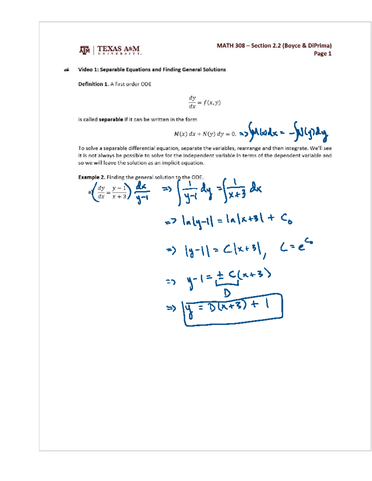 Diff EQ - 2.2 Completed (Boyce Di Prima) - MATH 308 - Studocu