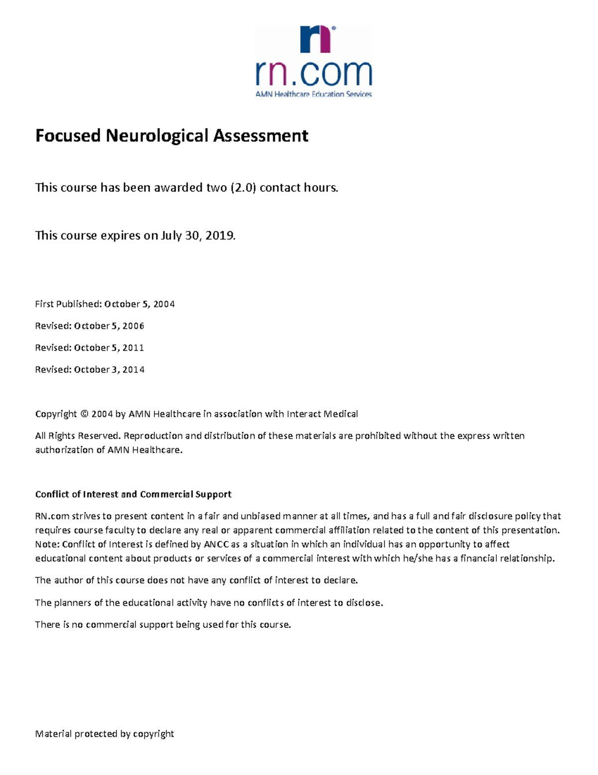Focused Neurological Assessment - This course expires on July 30, 2019 ...