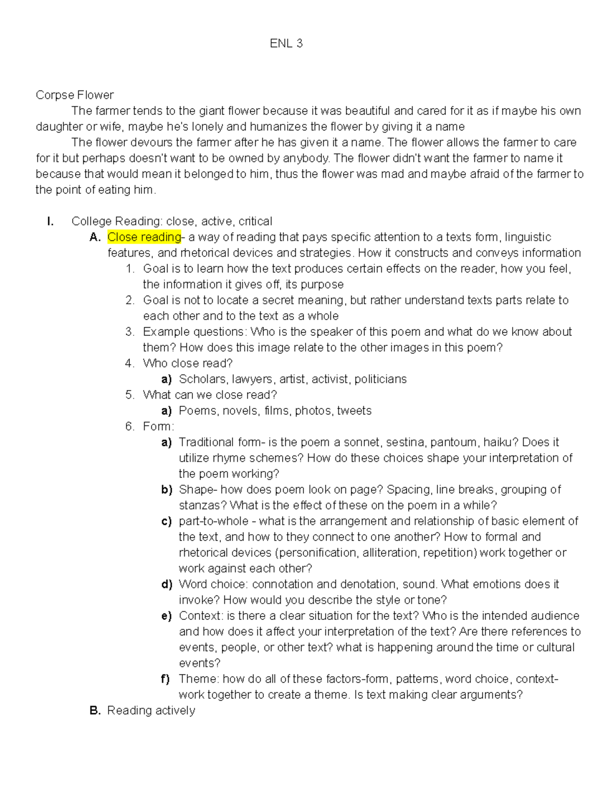 ENL 3 - Lecture notes 1-10 - ENL 3 Corpse Flower The farmer tends to ...