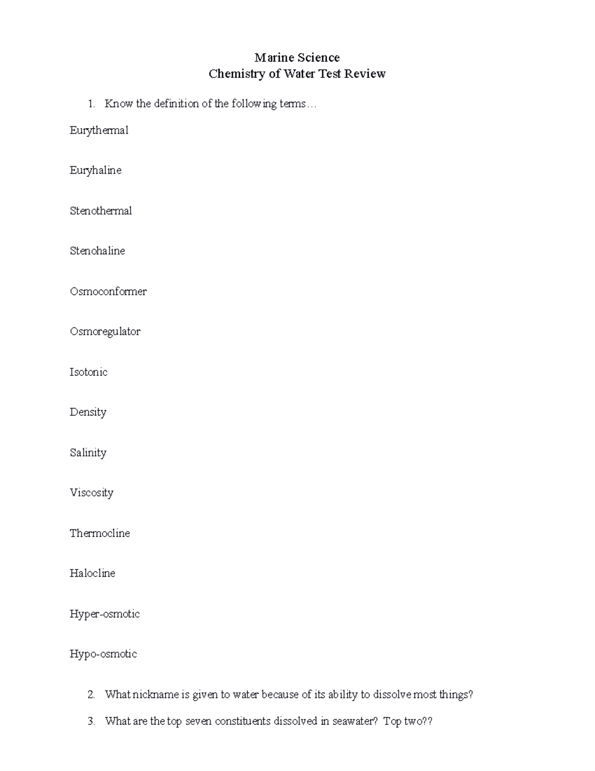 Chem+of+water+review+-+regular - Marine Science Chemistry of Water Test ...