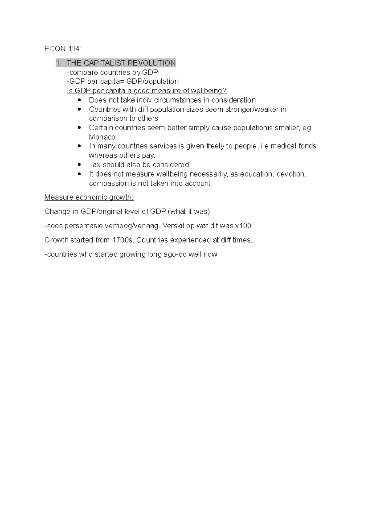 Economics notes - ECON 114: 1. THE CAPITALIST REVOLUTION -compare ...