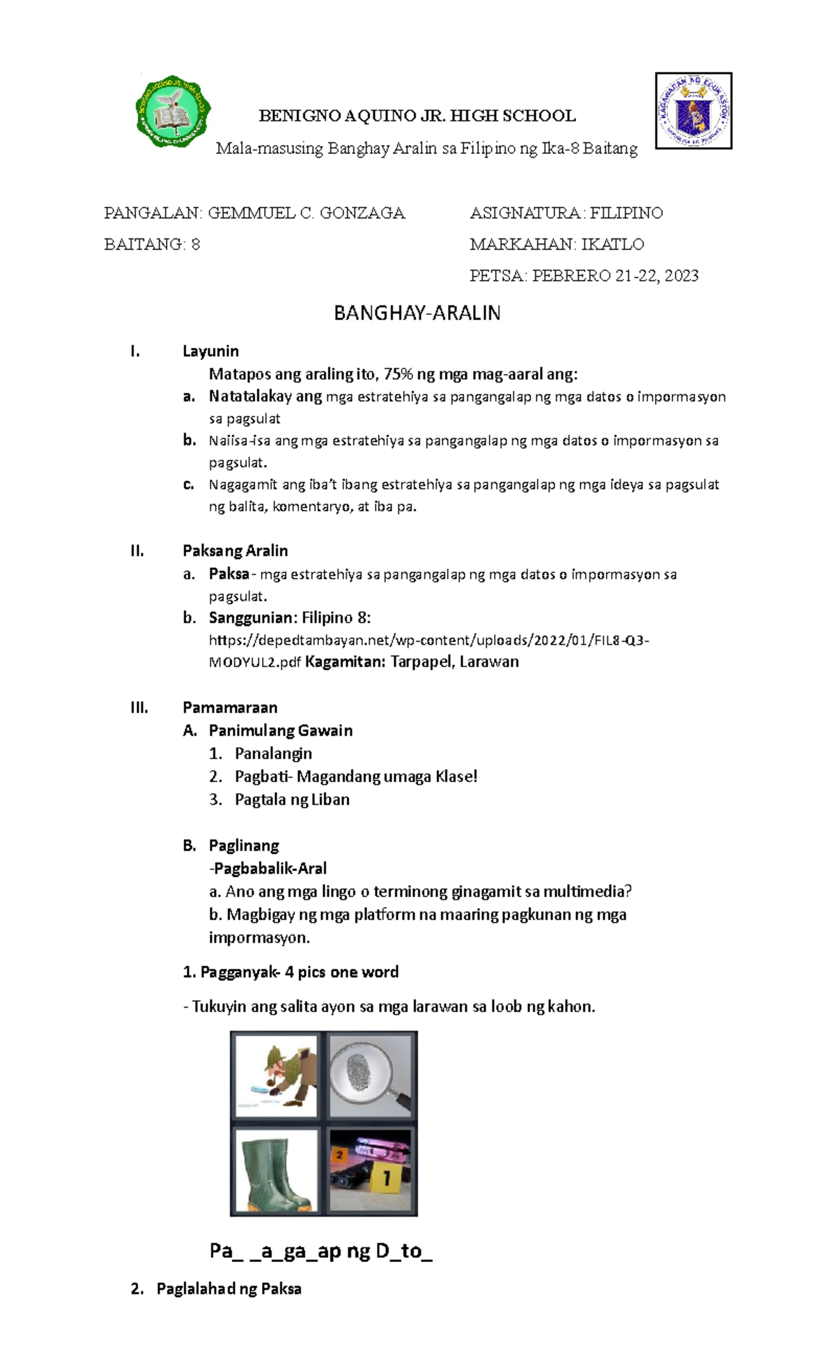 Banghay 3-gemmuel - BENIGNO AQUINO JR. HIGH SCHOOL Mala-masusing ...