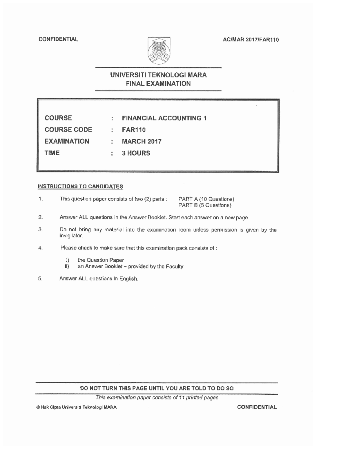 FAR 110 March 2017 - example question from previous semester ...