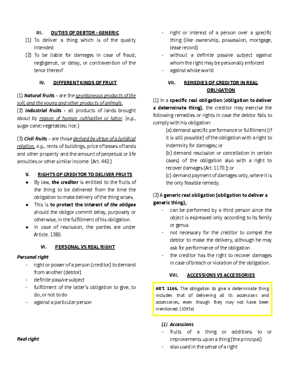 Outline on Law on Obligations and Contracts Part 2 - III. DUTIES OF ...