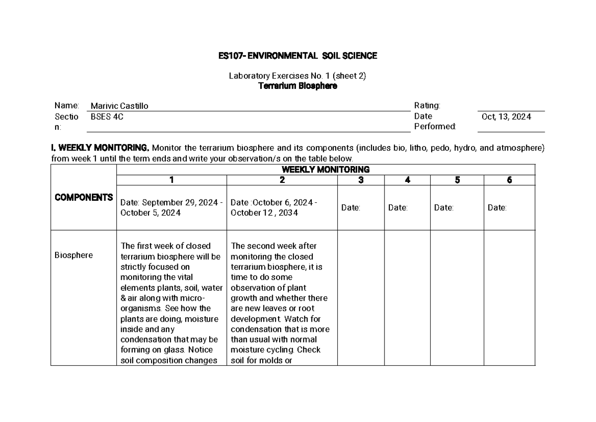 Laboratory number 1 Castillo Marivic - ES107- ENVIRONMENTAL SOIL ...