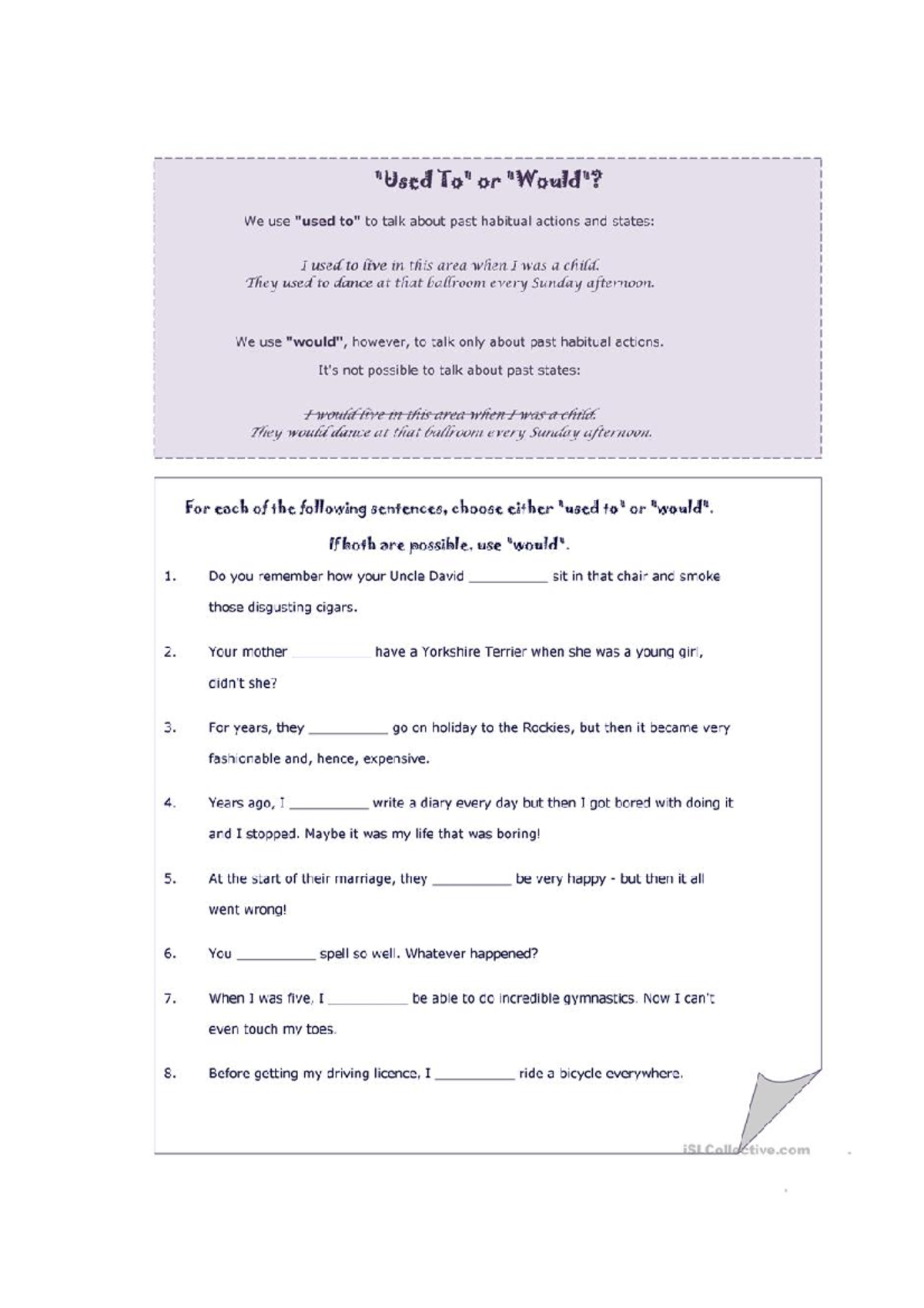 Would and used to - worksheet - Grammatical Structure of the English ...