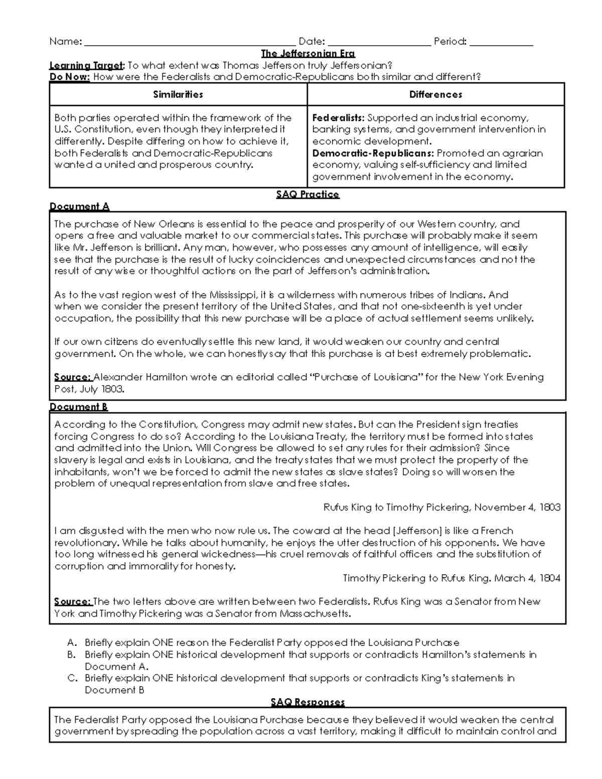 The Jeffersonian Era Classwork - Name ...