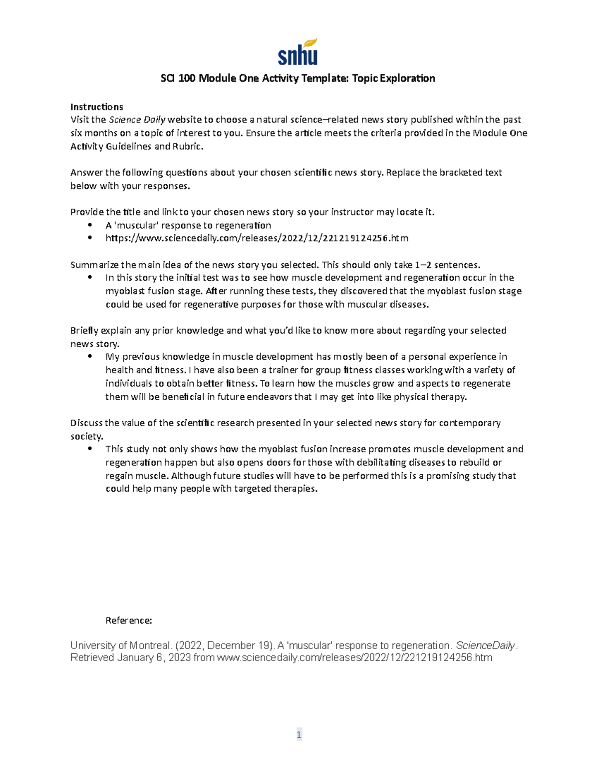SCI 100 Module One Activity - Ensure the article meets the criteria ...