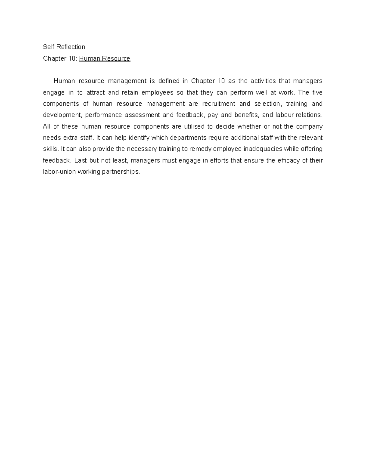 Sefl reflection Chapter 10 - Self Reflection Chapter 10: Human Resource ...