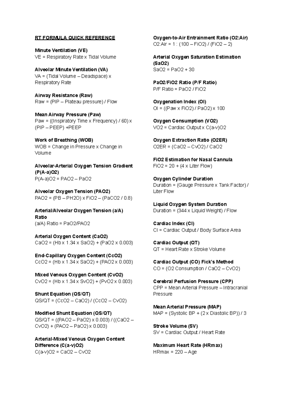 RT Formula Quick Reference - RT FORMULA QUICK REFERENCE Minute ...