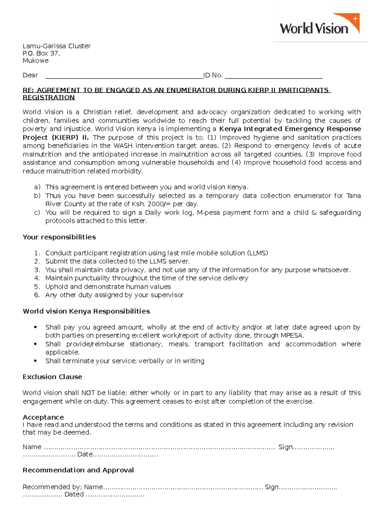 Agreement letter with Enumerators - Lamu-Garissa Cluster P. Box 37 ...