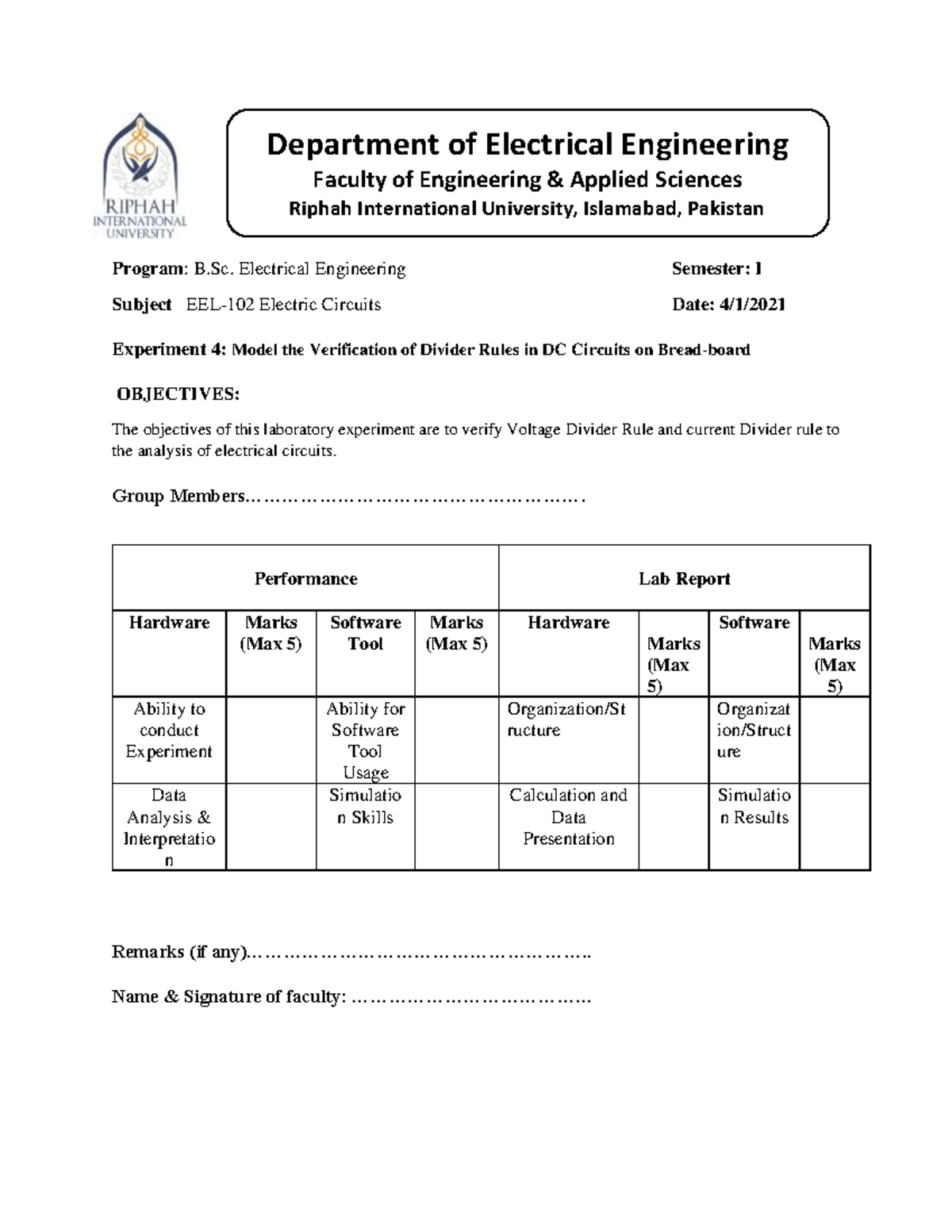 Electric Circuit Lab EEL-102 Report 04 - Program : B. Electrical ...