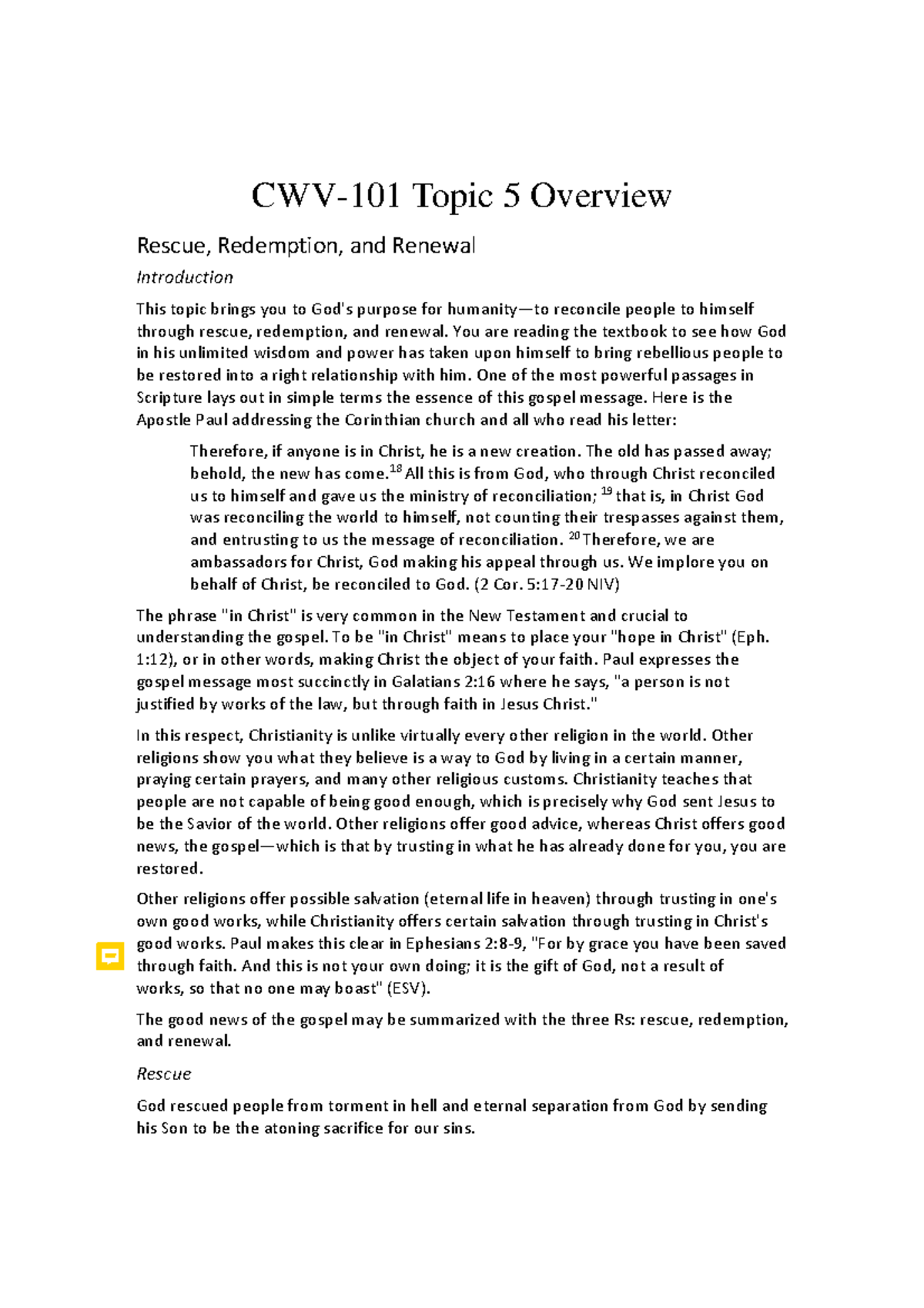 CWV 101 L T5Overview - Lecture notes 5 - CWV-101 Topic 5 Overview ...