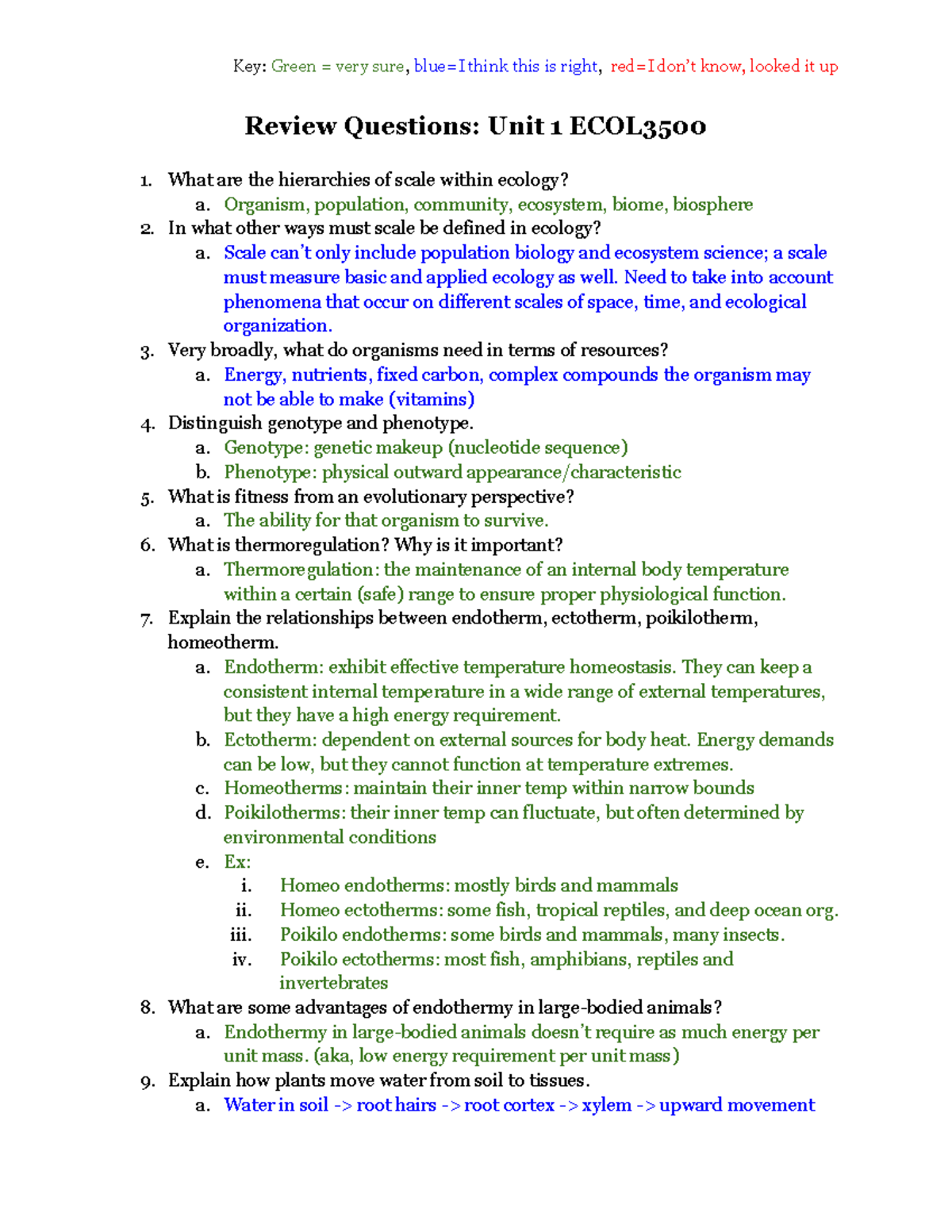 ECOL 3500 Review - Review Questions: Unit 1 ECOL What are the ...