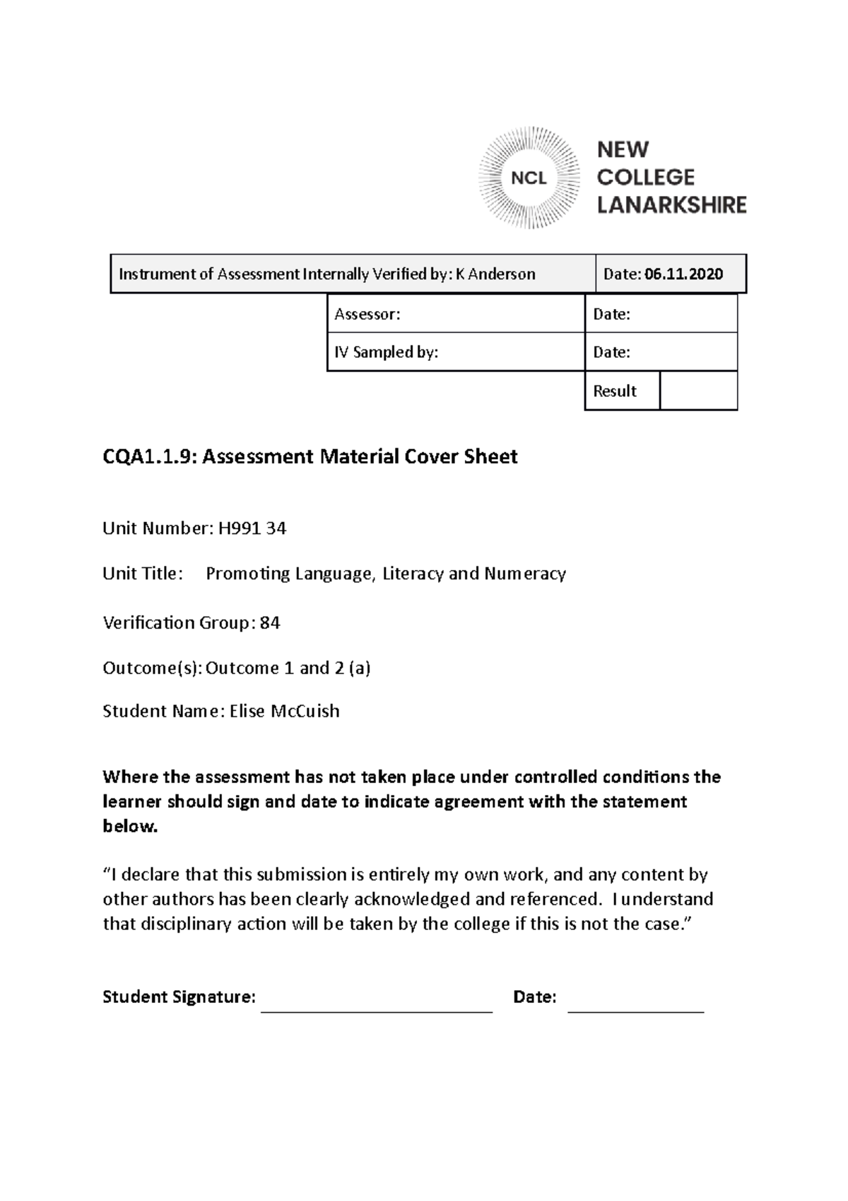 LLN Assessment 1 - Instrument of Assessment Internally Verified by: K ...